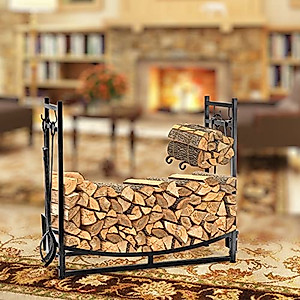 WBHome 3FT Heavy Duty Indoor Outdoor Firewood Storage Log Rack with 4 Tools - Includes Brush, Shovel, Poker, and Tongs