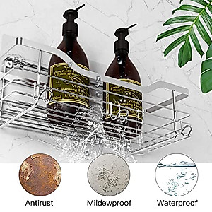 GOGOKIT Shower Caddy with Hanging Hooks - Wall Mounted Storage - 3 Pack - Kitchen Organizer Rack - No Drilling Adhesive Mount - Stainless Steel Rustproof Tidy Accessories Holder - Large Capacity (Silver)