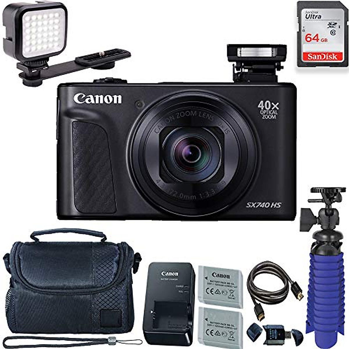 Canon PowerShot SX740 HS Digital Camera (Black) with 64 GB Card + LED Compact On-Camera Light + Premium Camera Case + 2 Batteries + Tripod