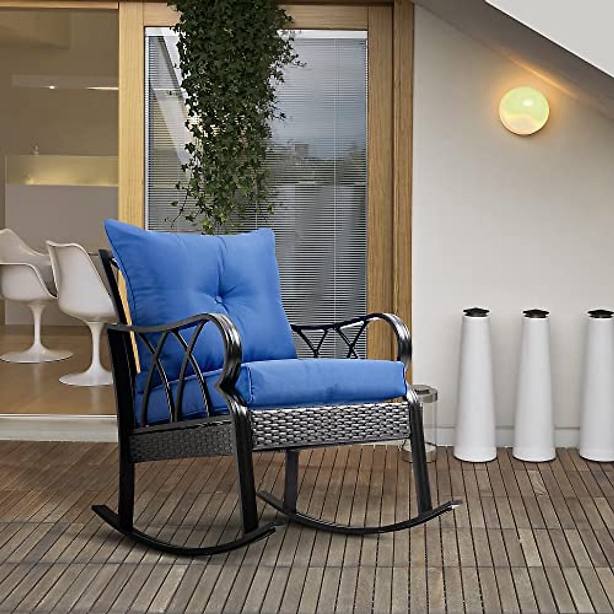 Outsunny Outdoor Wicker Rocking Chair with Padded Cushions, Aluminum Furniture Rattan Porch Rocker Chair w/Armrest for Garden, Patio, and Backyard, Blue