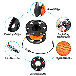 100FT Scuba Diving Reel, Aluminum Alloy Large Scuba Spool Finger Reel with Double-Ended Bolt Snap Clip for Underwater Scuba Diving Snorkeling Spearfishing (Orange Line Black Reel)