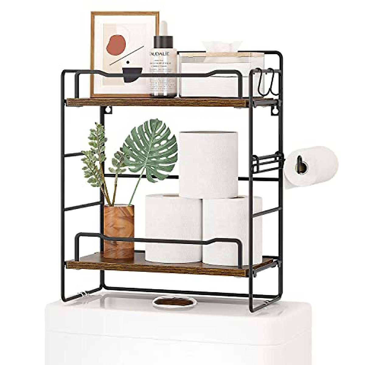 EZFurni 9 Rolls Bathroom Toilet Paper Storage, Wood Bathroom Toilet Shelf Organizer, Cute Toilet Paper Basket, 2 Tier Toilet Tank Tray, Multiuse Over The Toilet Rack for Above Toilet Storage,Brown