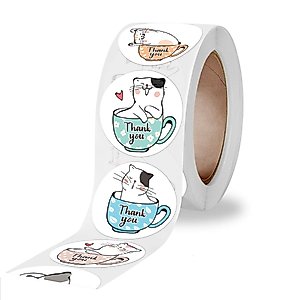 Kawaii Cat Thank You Stickers Round Cartoon Animal Adhesive Seal Labels for Greeting Cards Handmade Gift Decoration Labels Kids Reward Sealing Sticker Stationery，500pcs/roll