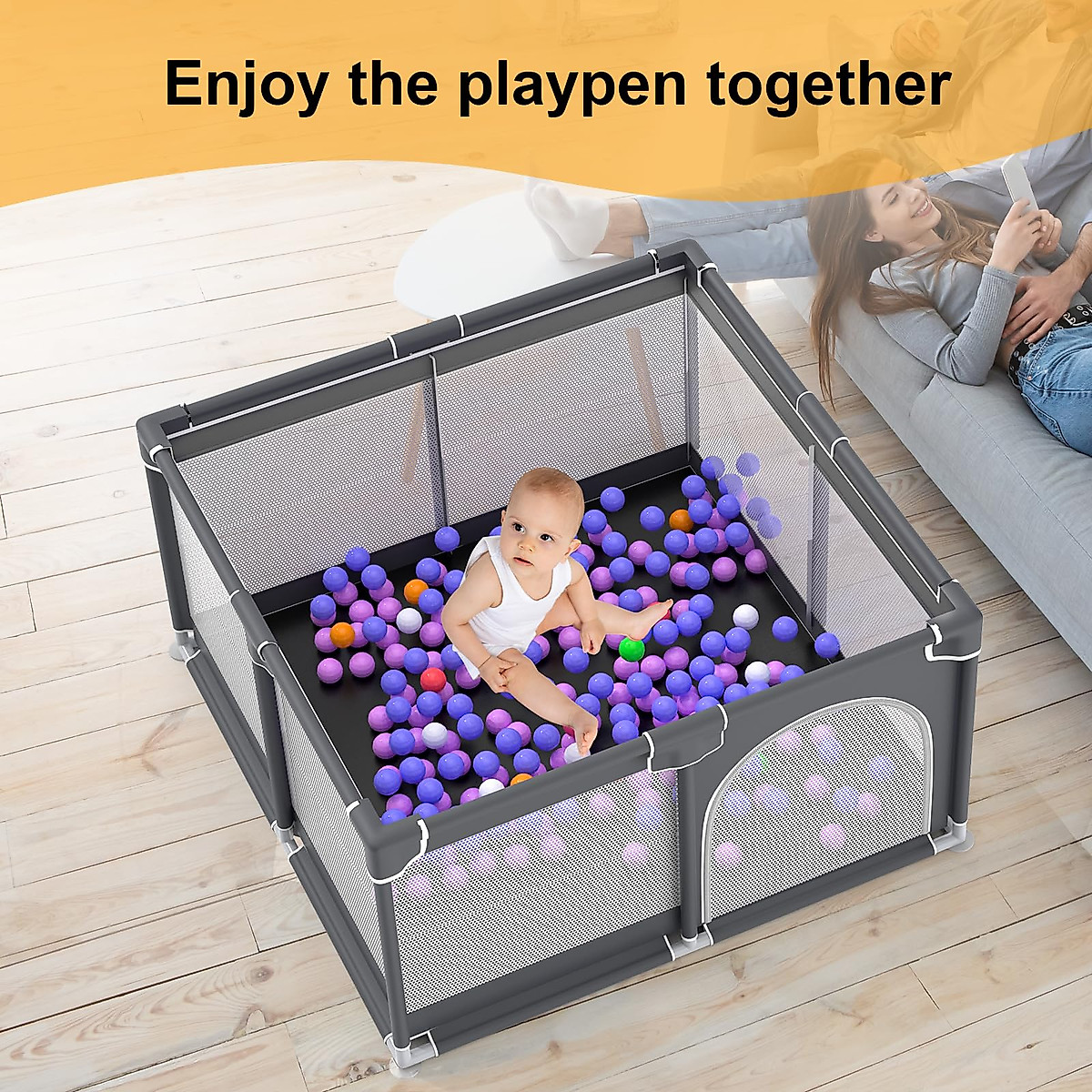 Baby Playpen, Playpen for Babies and Toddlers Thickened Sponges Ensure Safety, Indoor & Outdoor Baby Play Yards with Breathable Mesh Anti-Fall Playpen & Anti-Slip Base