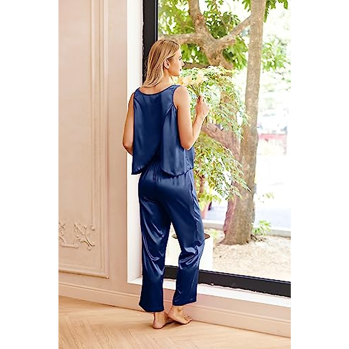 Ekouaer Pyjamas for Women Satin Sleepwear Two Piece Pajamas Silk Pjs Tank Top and Loose Pant Set Nightwear Navy Blue