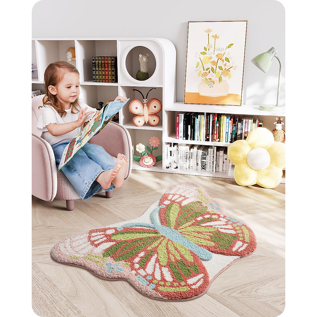 LUMI Area Rug, Shag Ultra-Soft Absorbent Rugs, Washable Non-Slip Backing Cute Carpet, Plush High Pile Floor Mats for Living Room, Kids Room, Bedroom and Nursery Room Decor, 28"x39", Pink Butterfly