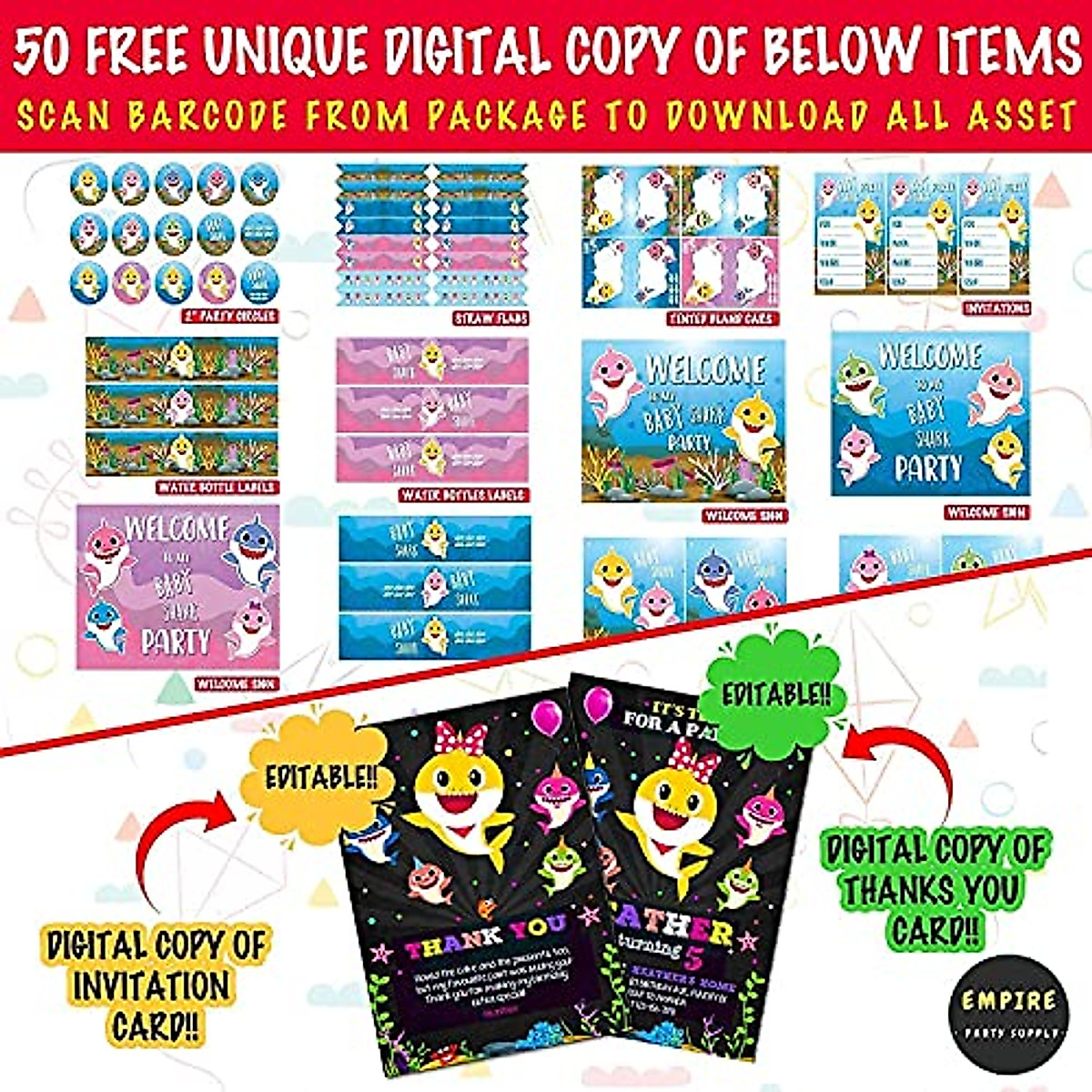 Empire Party Supply Baby Shark 2nd Birthday Decorations, Baby Shark Two Two Two, Shark Family Foil Balloons, Banner, Cake Topper, Blue Foil Curtains for Boy Girl Ocean Themed Party Supplies