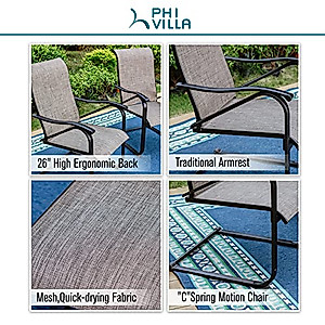 PHI VILLA 8 pcs Outdoor Dining Set with 13ft Double-Sided Market Umbrella(Blue), Rectangle Wood-Like Metal Table and 6 Spring Dining Chairs,Slightly Rocking for Garden, Lawn,Yard
