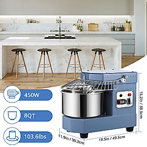 Towallmark Commercial Dough Mixer, 8QT Stainless Steel Bowl, 450W Dual Rotating Dough Kneading Machine with Safety Shield,for Restaurant, Bakeries,Pizzeria