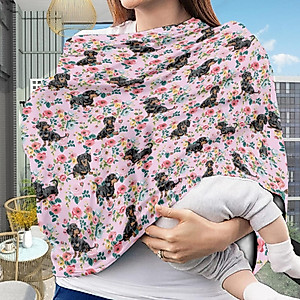 AFPANQZ Floral Dachshunds Baby Car Seat Cover Canopy and Nursing Cover Infant Car Canopy Spring Autumn Winter Snug Warm Breathable Windproof Open Peep Top Universal Fit Pink Flowers