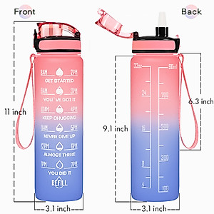 Enerbone 32 oz Water Bottle, Leakproof BPA & Toxic Free, Motivational Water Bottle with Times to Drink and Straw, Fitness Sports Water Bottle with Strap for Office, Gym, Outdoor Sports, Pink-Blue