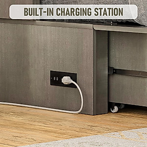 Homnso Queen Murphy Bed, Pine Wood Murphy Cabinet Bed with Tri-Folding Mattress,Storage Drawer & USB Charging Station for Living Room Apartment (Grey for Queen Size)