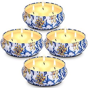 Hausware Citronella Candles Outdoor & Indoor, 4x5oz 3-Wick Scented Candles Gifts Set,Natural Soy Wax Portable Travel Tin Gift Set for Home Garden Patio Balcony Decorative