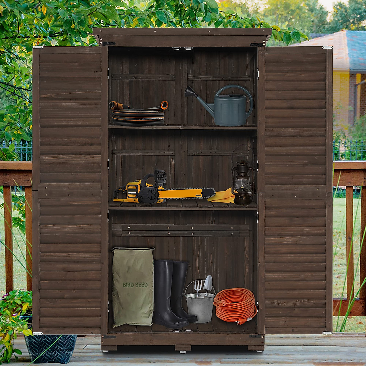 MCombo Outdoor Storage Cabinet, Garden Storage Shed, Outside Vertical Shed with Lockers, Outdoor 63 Inches Wood Tall Cabinet for Yard and Patio 0870 (Brown)