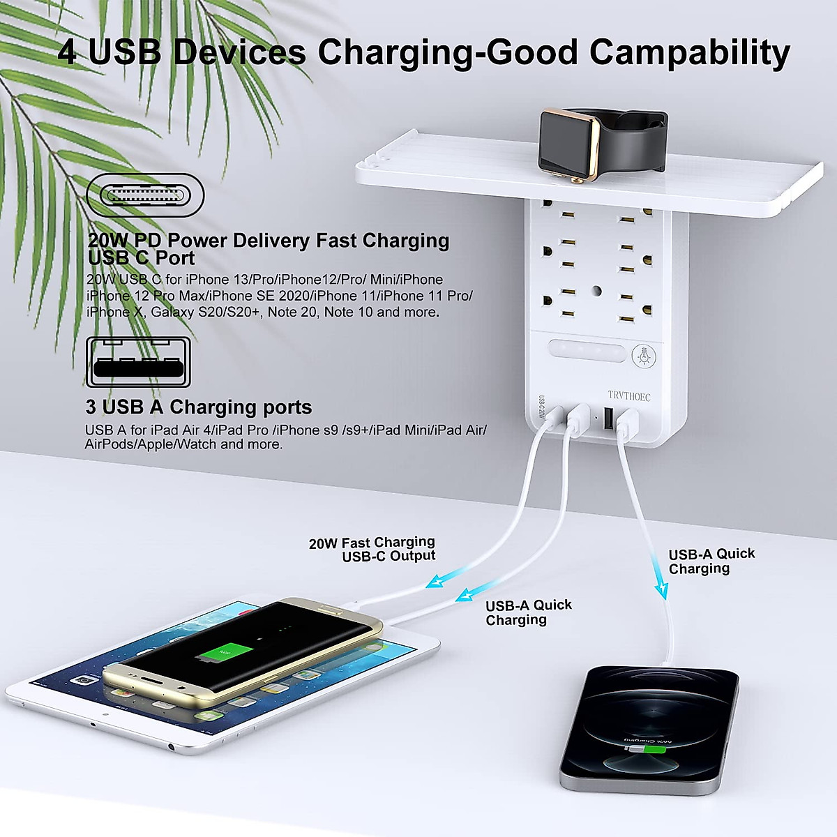 Surge Protector Wall Outlet with USB C Port 6AC Outlet Outlet Extension with Shelf Convenient Placement for Mobile Phones Suitable for Home Office Travel
