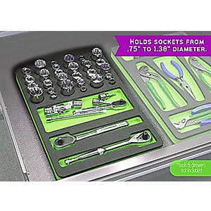 Polar Whale Tool Drawer Organizer Socket Holder Insert Green and Black Durable Foam Strong Tray 15 x 10 Inches Holds 30 Sockets and More Fits Craftsman Husky Kobalt Milwaukee and Many Others