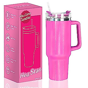 40oz Tumbler with Handle & Straw Lid | Reusable Pink Water Bottle Stainless Steel Travel Mug Tumbler Cups | Pink Tumbler Beach Cup Insulated Cup | Cupholder Friendly (Bright Pink Glitter)