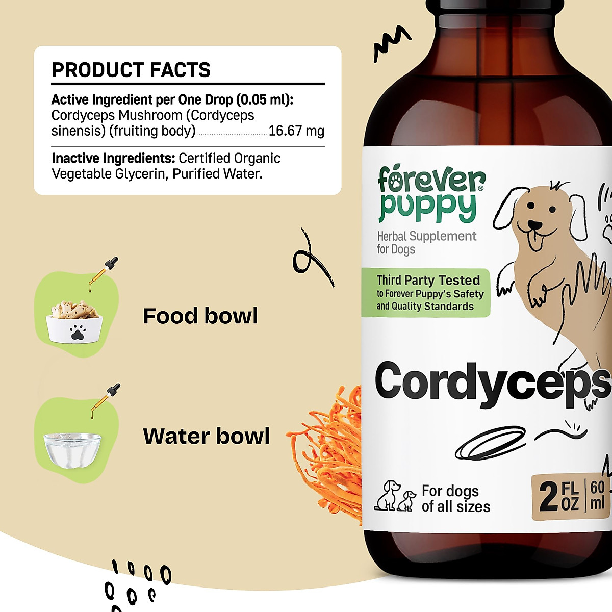 Cordyceps Tincture for Dogs - Mushroom Energy Supplements - Cordyceps Sinensis Liquid Drops for Kidney Detox & Cleanse - Dog Food Supplements for Pet Energy Support & Kidney Wellness - 2 oz