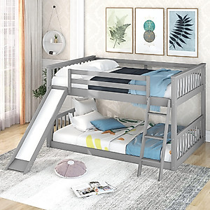Acosure Full Over Full Bunk Bed with Convertible Slide and Ladder,Bedroom Wood Low Bed Frame W/Slats Support,No Box Spring Required,for Kids Teens Girls Boys,Gray