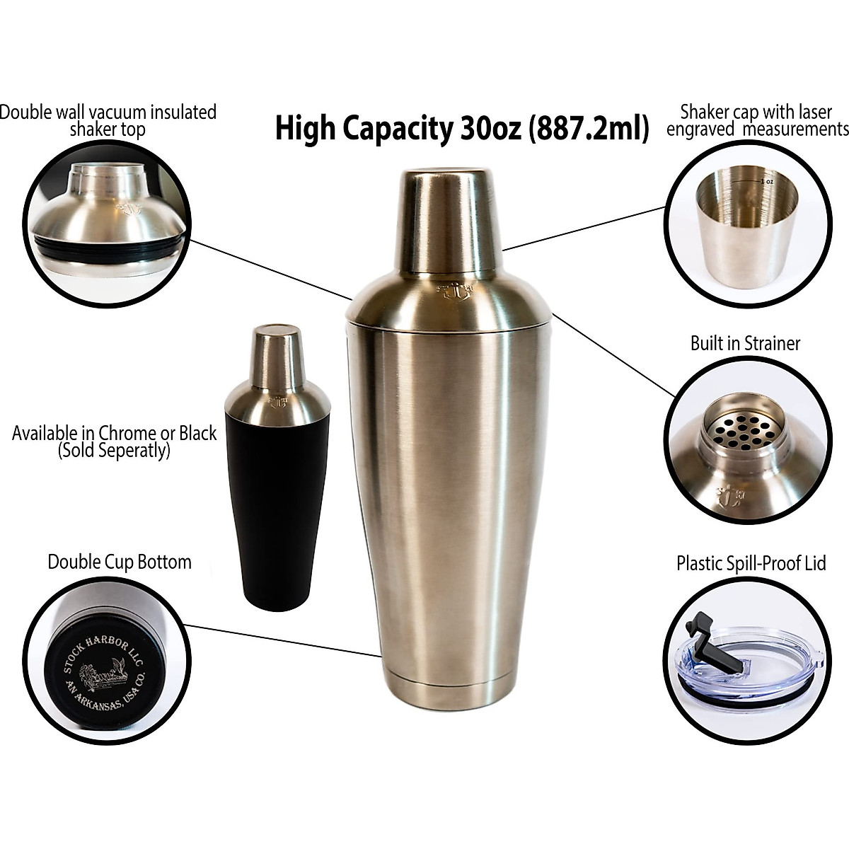 Stock Harbor Stainless Steel 30 Ounce (887 Milliliter) Double Wall Cocktail Shaker Vacuum Insulated Tumbler and Shaker Top; Matte Polished