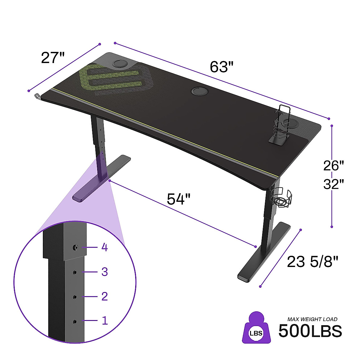 It's_Organized 63 Inch Large Height Adjustable Gaming Desk, Black Home Office PC Computer Manual Standing Curved Edge Table Gamer Workstation with Handle Rack Cup Holder Headphone Hooks Full Mouse Pad