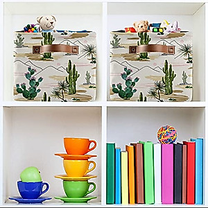 Large Foldable Storage Basket Beautiful Floral Tropical Cactuses Succulents Storage Bin Canvas Toys Box Fabric Decorative Collapsible Organizer Bag with Handles for Bedroom Home