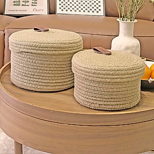 Aplolemo Jute Rope Basket with Lid,Decorative Woven Baskets with Lids,Leather Design Lidded Round Basket,Small Basket with lid,Storage Baskets with Lids-Set of 2（10"x6"/8.5"x5"）