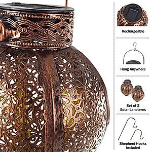 Set of 2 Solar Outdoor Lights - Hanging or Tabletop Rechargeable LED Lantern Set with 2 Shepherd Hooks for Outdoor Decor by Pure Garden (Bronze)