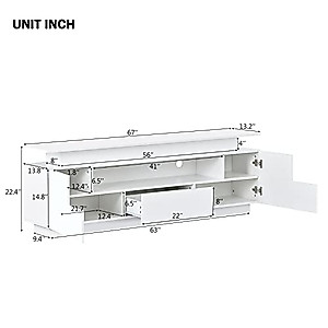 Modern LED TV Stand for 75 inch TV, White Entertainment Center with LED Lights and 4 Storage Cabinets, High Gloss Media TV Console with Drawer for Living Room, Bedroom