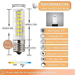 HXWY E17 LED Bulb for Microwave Oven Over Stove Appliance, 6W White (60W Halogen Bulbs Equivalent), 110-120V, Intermediate Base, Dimmable, Pack of 2