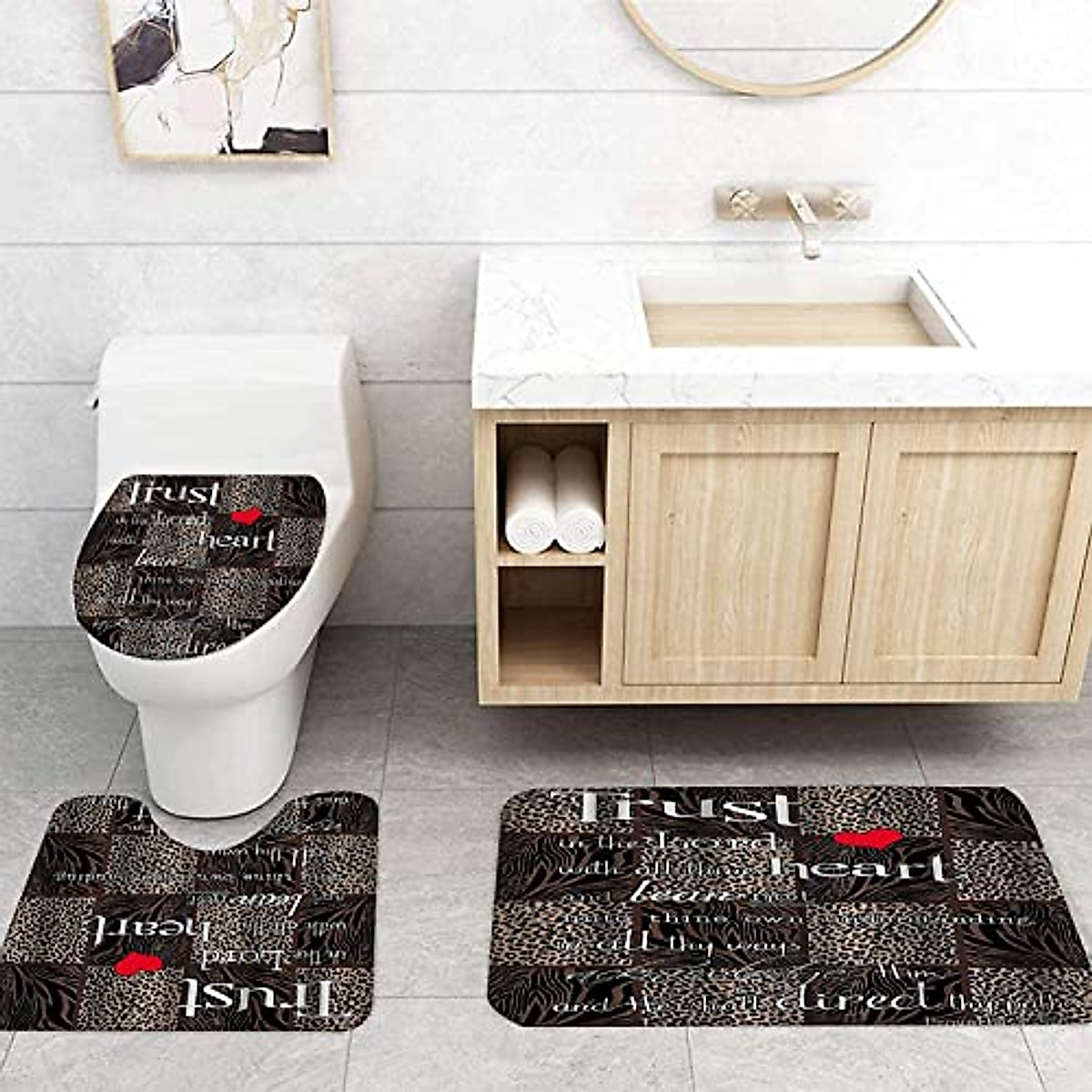 GUDAGUU 4 Pcs Leopard Print Bathroom Shower Sets Includes Brown Shower Curtain Bath Rug U Shape Mat Toilet Seat Cover and Hooks, 71 inch Size Long Bathroom Accessories Decor