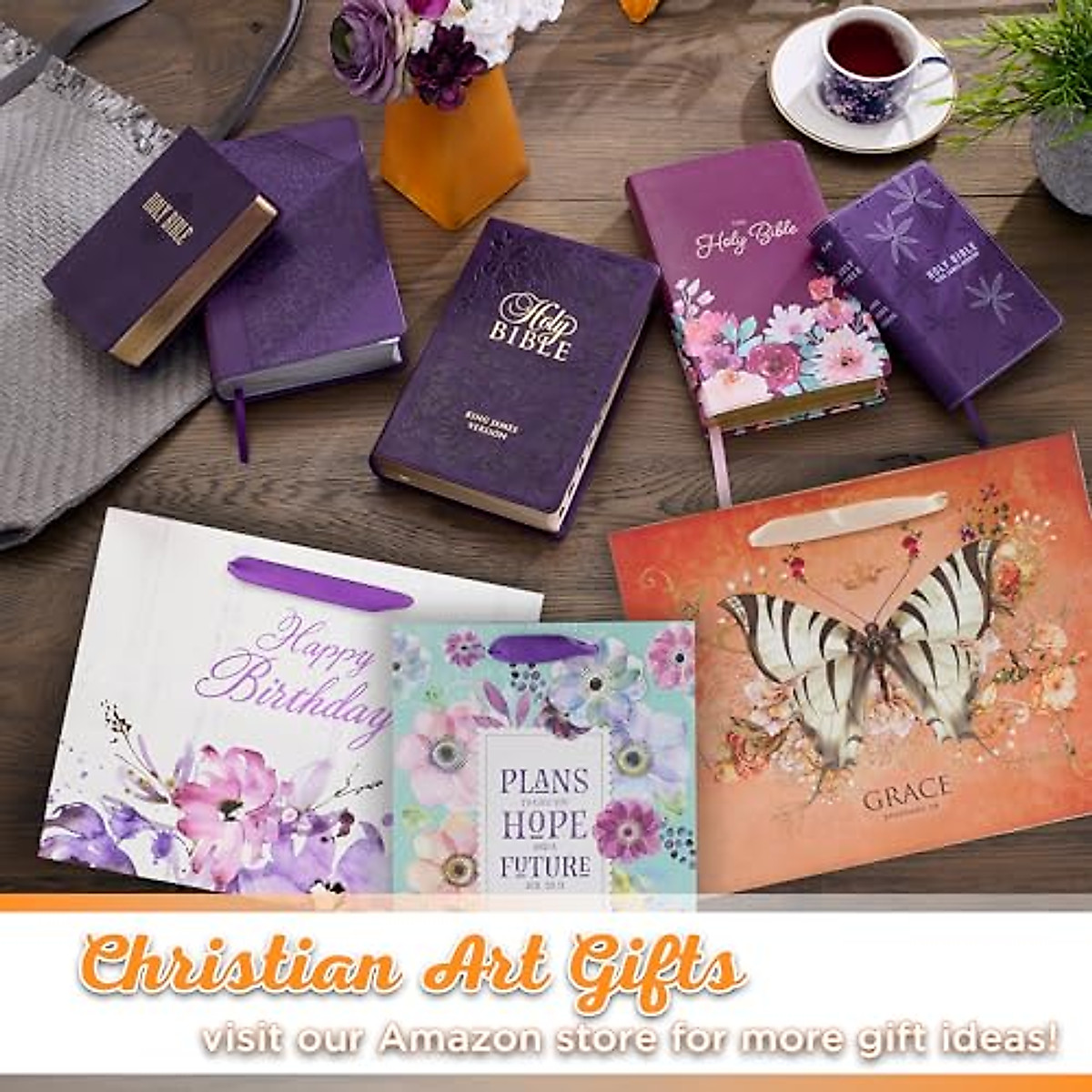 Christian Art Gifts Three Piece Landscape Gift Bag w/Card & Tissue Paper Set for Women: Happy Birthday - White & Purple Blooming Spring & Summer Floral for Moms, Grandmas, Sisters, Girlfriends, Large