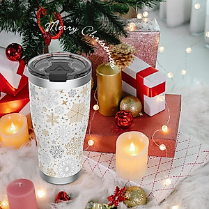 HAUSHOF 20oz Christmas Tumbler, Stainless Steel and Double Wall Insulated Travel Coffee Mug with Lid, Good Choice for Christsmas Gifts-White with Snowflakes