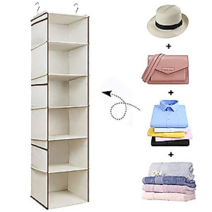 Univivi 6 Layer Closet Organizers and Storage, Hanging Shelves for Closet with 6 Side Pockets, Hanging Closet Shelves, Hanging Shoes Closet Sweater Organizer for Closet- Beige