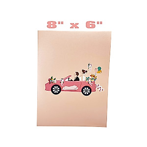 "Just Married" Pink Cadillac Wedding Car with Bride and Groom Pop Up Card for Marriage, Engagement, Anniversary, Valentines Day