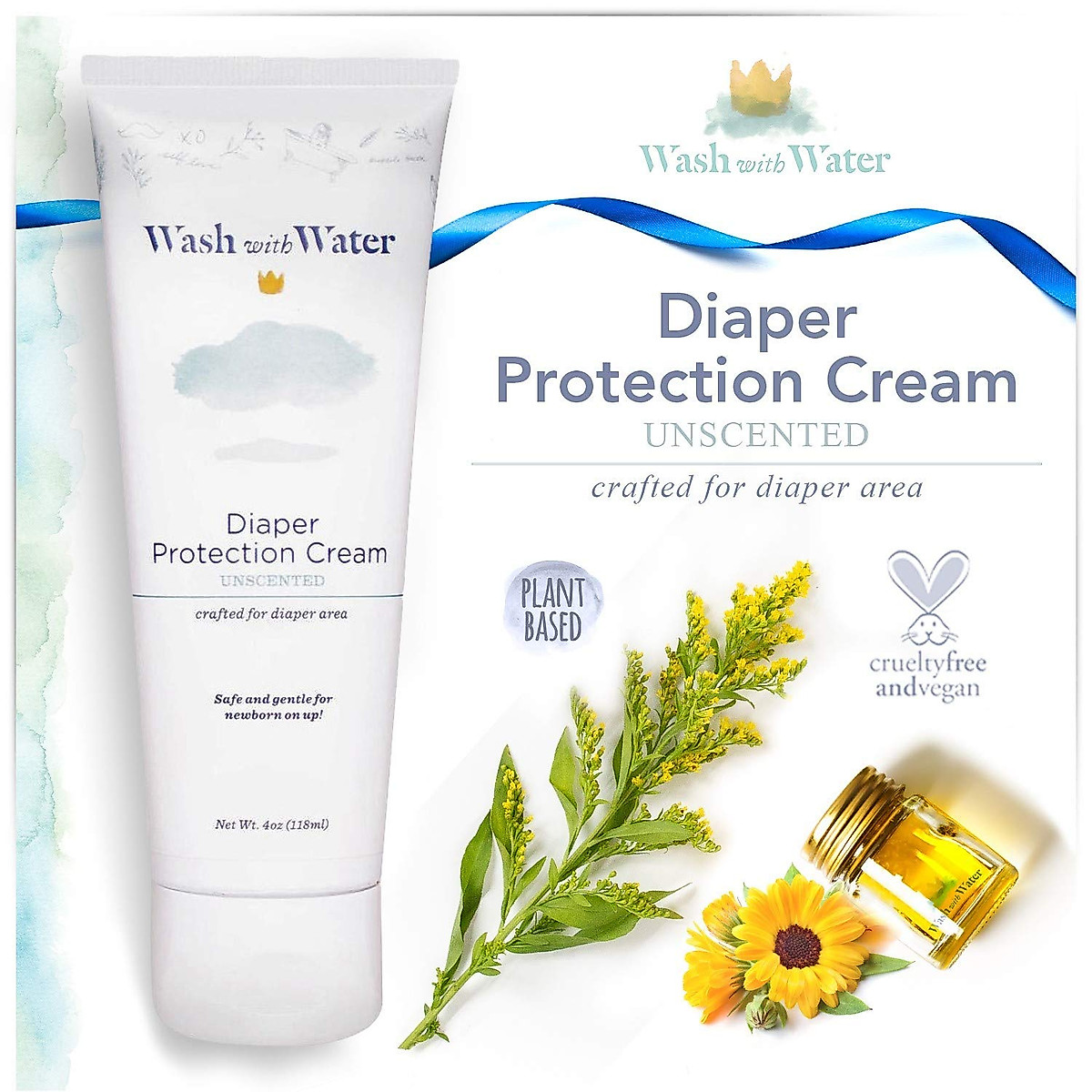 Wash with Water Baby Diaper Cream with Calendula + Moroccan Argan Oil for Diaper Rash, Sensitive Skin & Eczema, 4oz