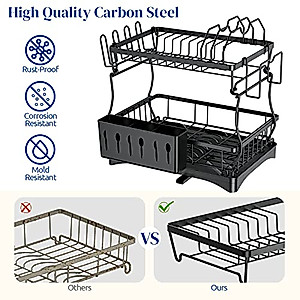 Dish Drying Rack, 2-Tier Dish Drying Rack with Drainboard Set, Black Metal Dish Rack Plate Rack for Kitchen Counter, Dish Drainer with Utensil & Cutlery Holder - Space-Saving Organizer for Countertop