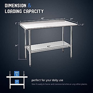 Profeeshaw Stainless Steel Prep Table NSF Commercial Work Table with Backsplash and Undershelf for Kitchen Restaurant 24×48 Inch