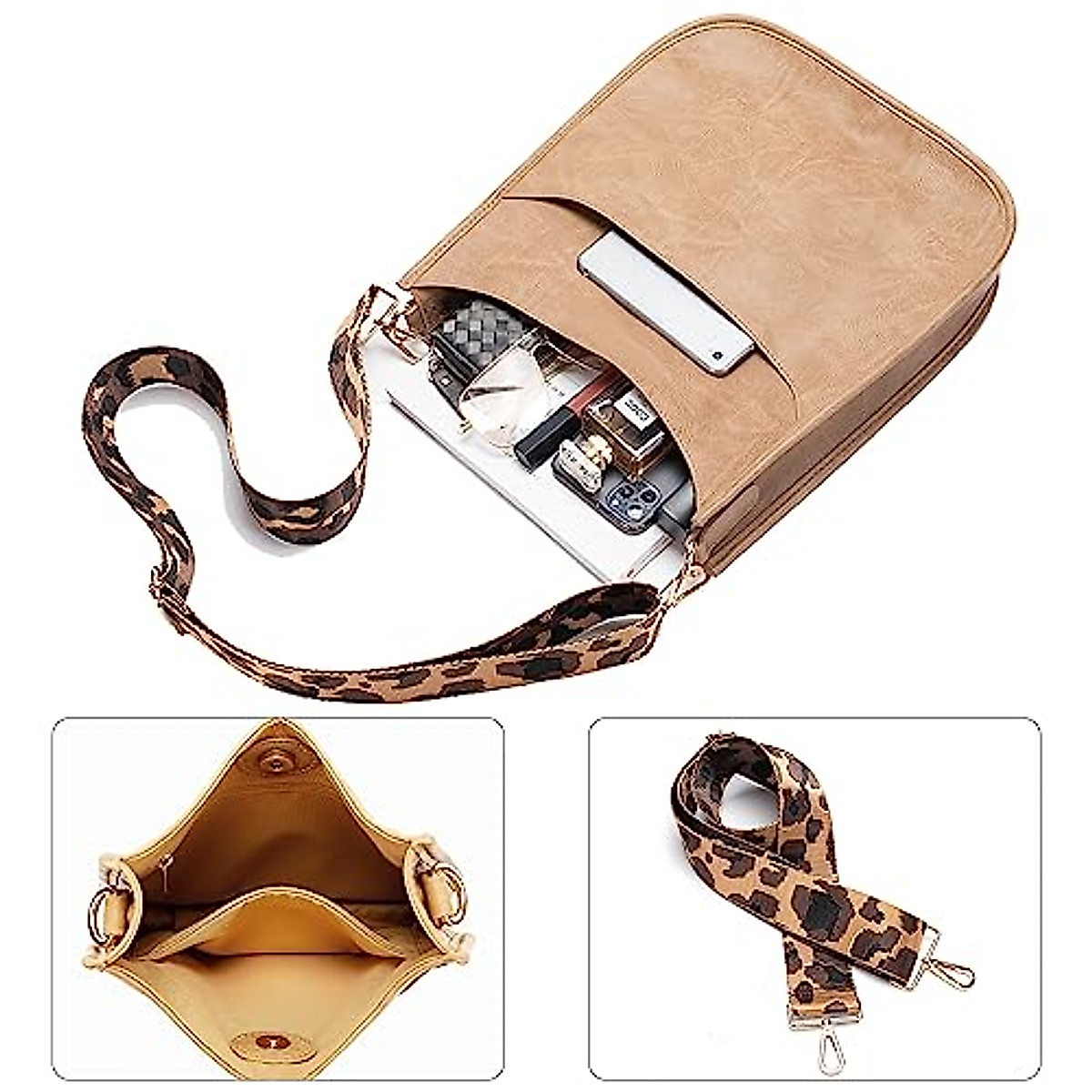 NOL Natural Organic Lifestyle Women Crossbody Handbag Retro Vegan Leather Messenger Bag with Romovable Leopard Shoulder Strap (New mustard small)