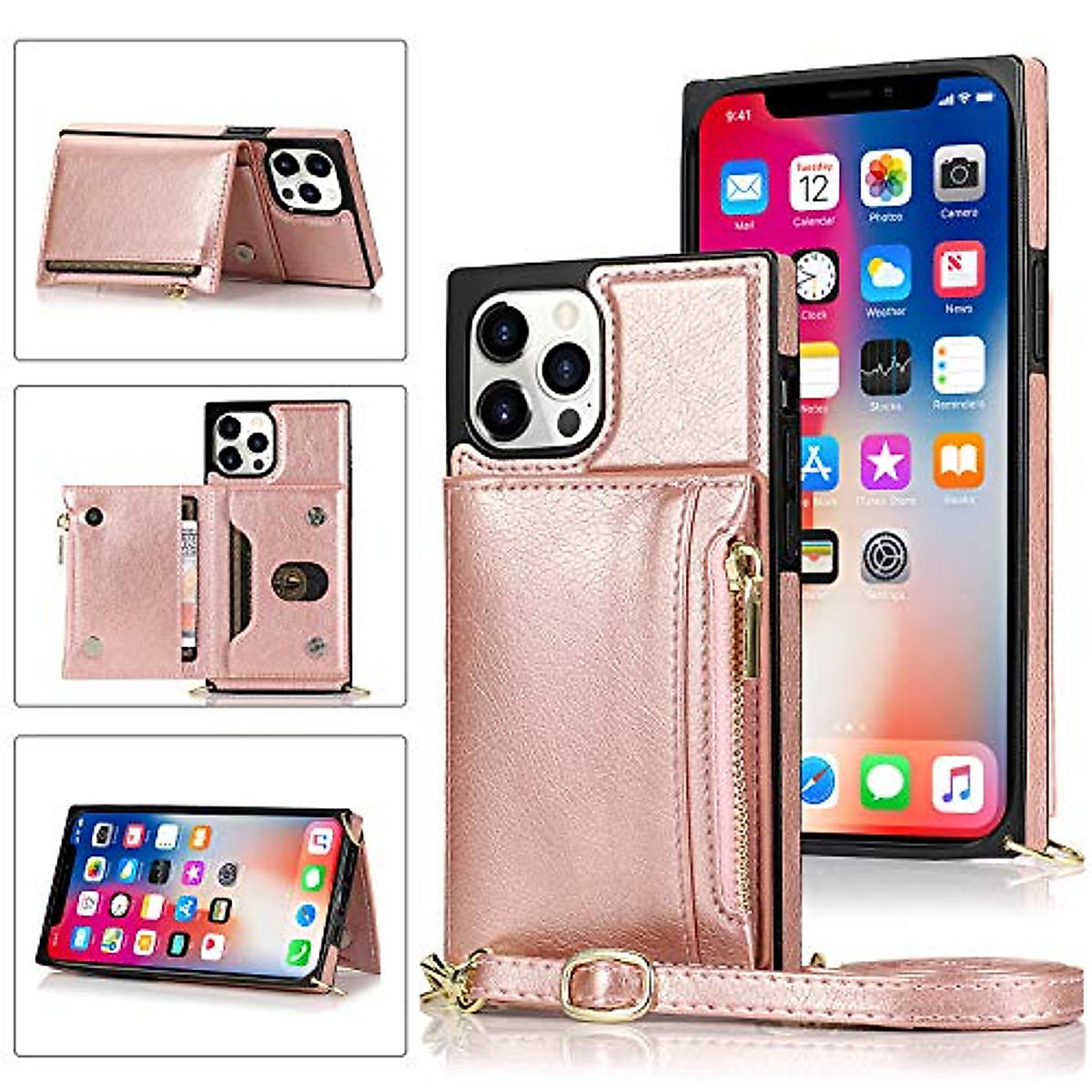 LUVI Compatible with iPhone 12 Pro Max Wallet Case with Crossbody Neck Strap Lanyard Purse Handbag Shoulder Strap Cover with PU Leather Credit ID Card Holder Kickstand Stand Protection Case Rose Gold