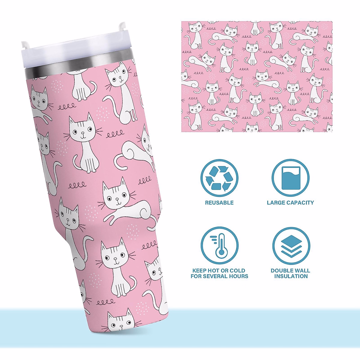 Cute Cat Cartoon Pink Tumbler with Handle and Straw Lid, Animal 40 oz Insulated Coffee Cup Stainless Steel Water Bottle Travel Mug Cupholder Friendly,Gifts for Women Men