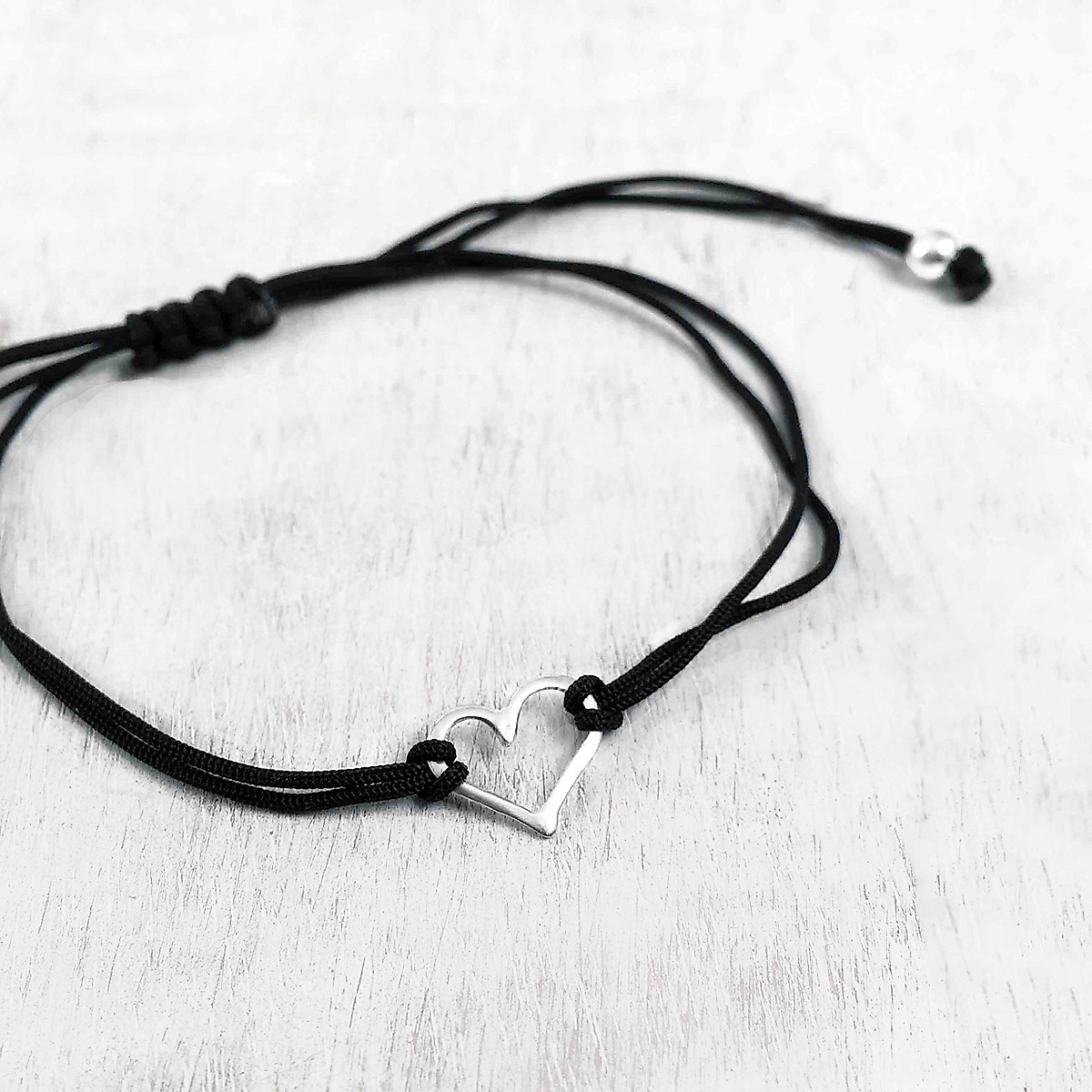 Claudia Lira Joyas Black Womens Friendship Bracelet, Small Handmade Sterling Silver 925 Open Heart Shaped Charm, Pull Adjustable Kindred Cord Thread. Handmade Heart Gift Set