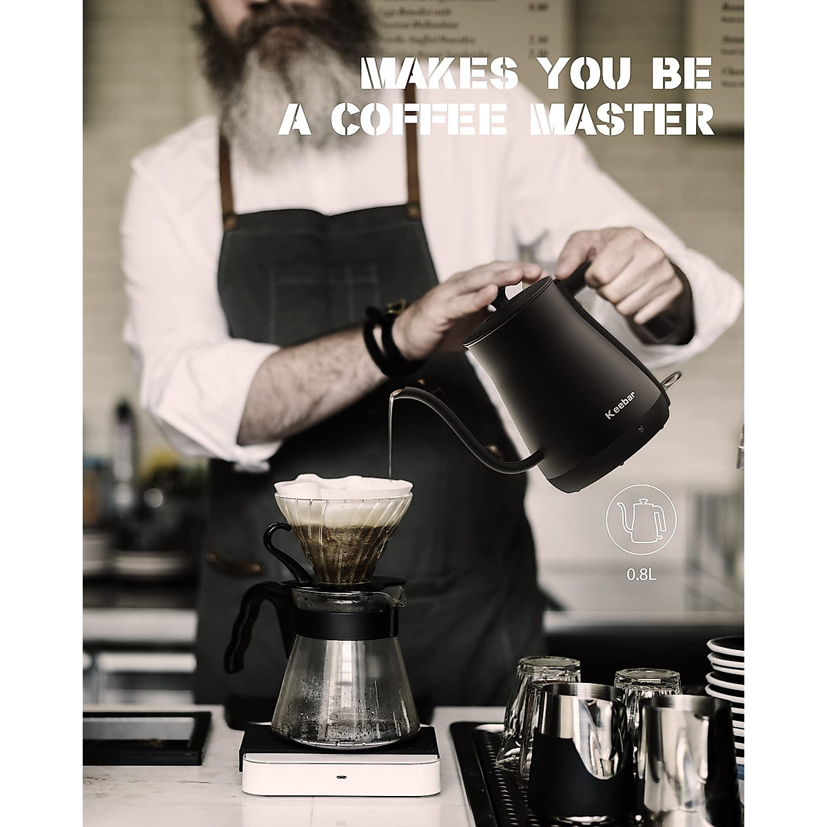 Electric Gooseneck Kettle, Pour Over Kettle & Tea Kettle with 5 Variable Temperature Presets, 304 Stainless Steel, LCD Touch Screen, 1000 Watt Quick Heating, 0.8L, Matte Black, XH-ZCQ07B-B