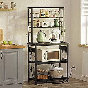 Rolanstar Baker's Rack with 4AC Power Outlet, 65.7inch Microwave Oven Stand with 10 Hooks, Stable Coffee Bar Table, 6-Tier Kitchen Storage Shelf Rack, Kitchen Utility Rack with Hutch, Black