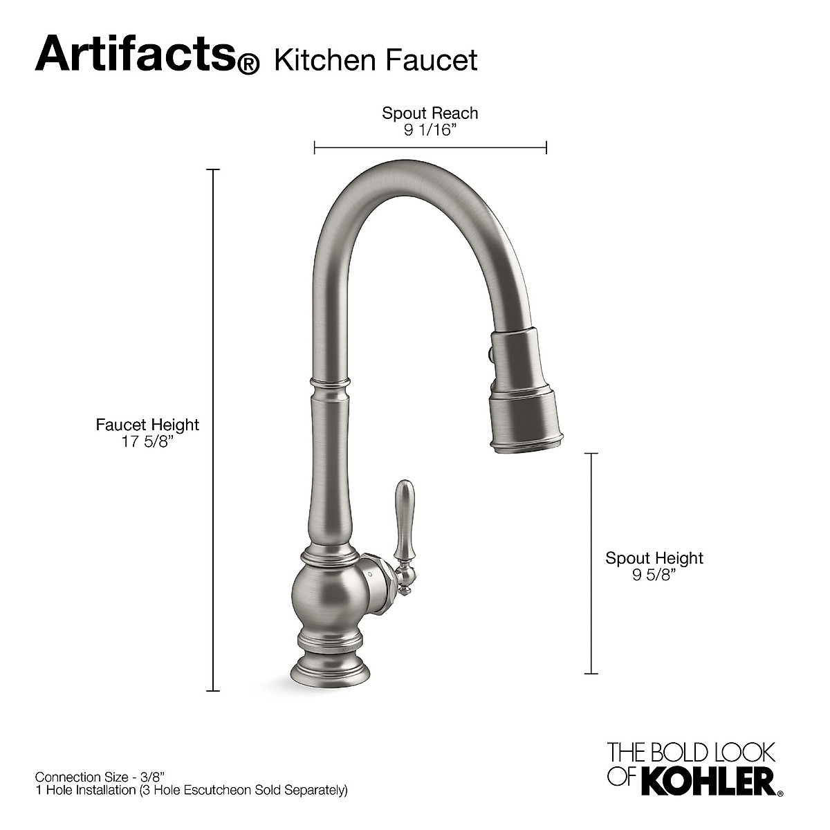 Kohler K-29709-VS Artifacts Touchless Kitchen Faucet with Pull Down Sprayer, Kitchen Sink Faucet in Vibrant Stainless
