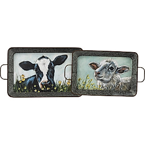 Primitives by Kathy, 105443, Sheep And Cow Print Tray with Handles, Set of 2, Small and Large