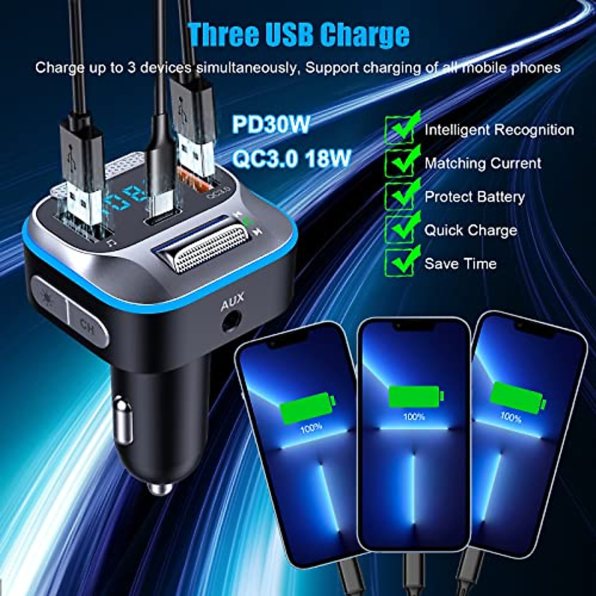 AVNICUD Bluetooth FM Transmitter, 2023 Stronger Hi-Fi Bass Sound Wireless Car Radio Adapter with 7 Colors LED, Hands Free Calls, 30W PD&QC3.0 Fast Charging AUX and U Disk Bluetooth Car Adapter