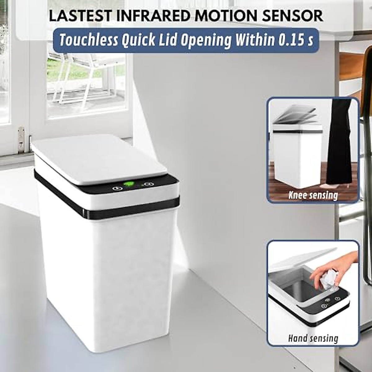 Pure Flower Home Automatic Small Trash Can, 12 Liter/ 3.1 Gallon Motion Sensor Trash Can Waterproof Smart Trash Can Plastic Trash Cans for Bedroom/Bathroom/Office (White)