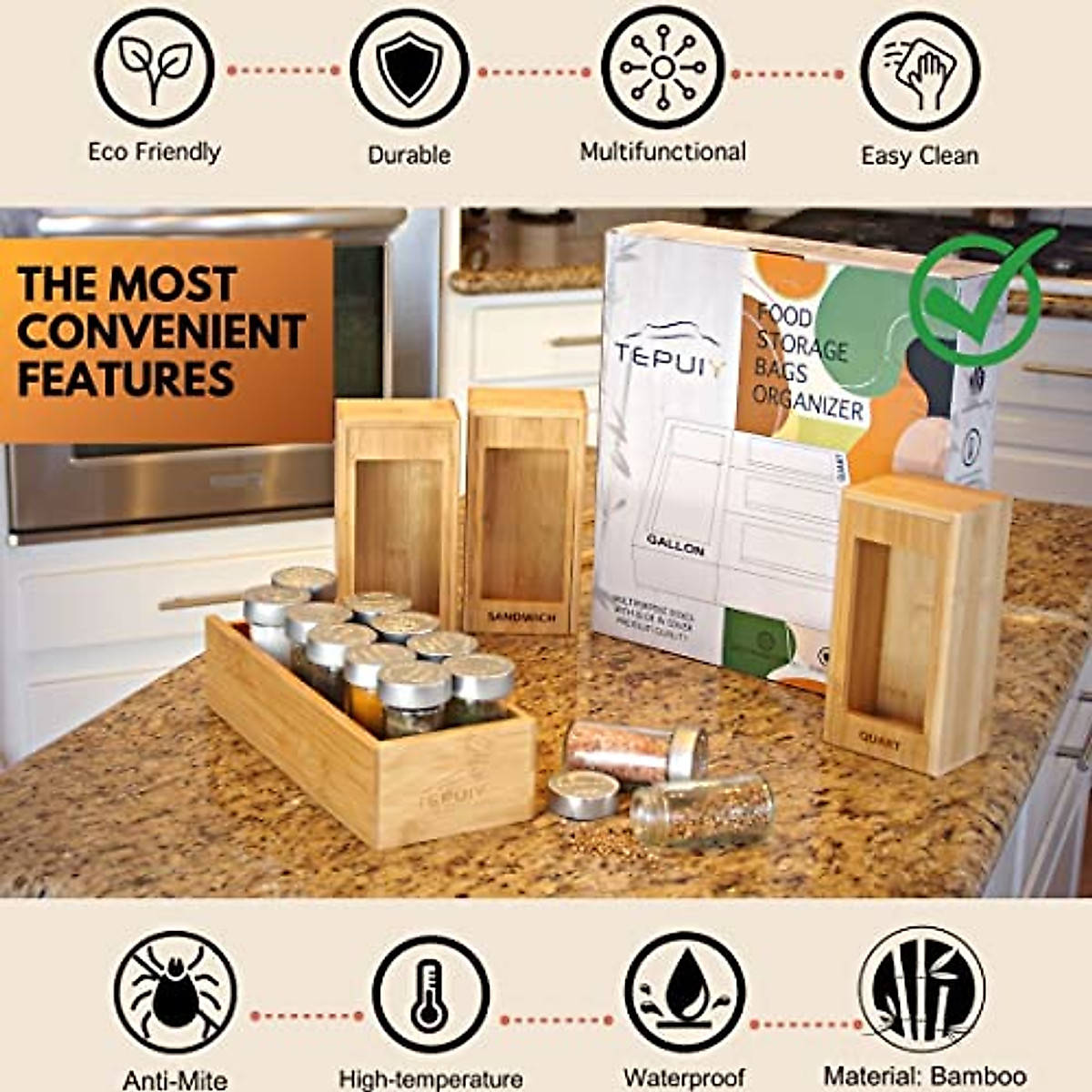 TEPUIY Ziplock Bag Storage Organizer - Multi Use Bamboo Storage Bag Organizer for Drawer - Food Storage Bag Holder Compatible with Ziplock, Ikea, Glad, Hefty (4 pieces set).