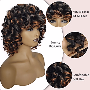KEAT Curly Wigs for Black Women Short Big Curly Kinky Wigs for Women Afro Wavy Black Mixed Brown Wig with Bangs Cute Natural Synthetic Wigs for African American Women K002